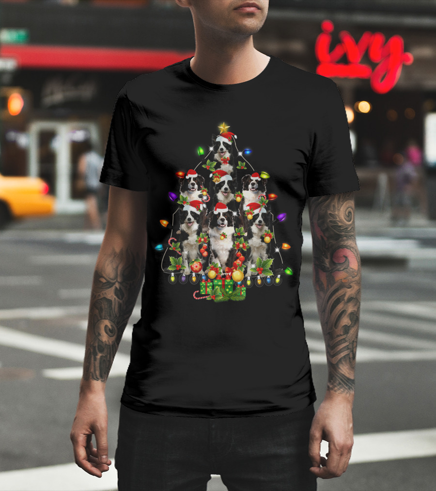 Border Collie Christmas Lights Festive Santa Hat Tree T-Shirt