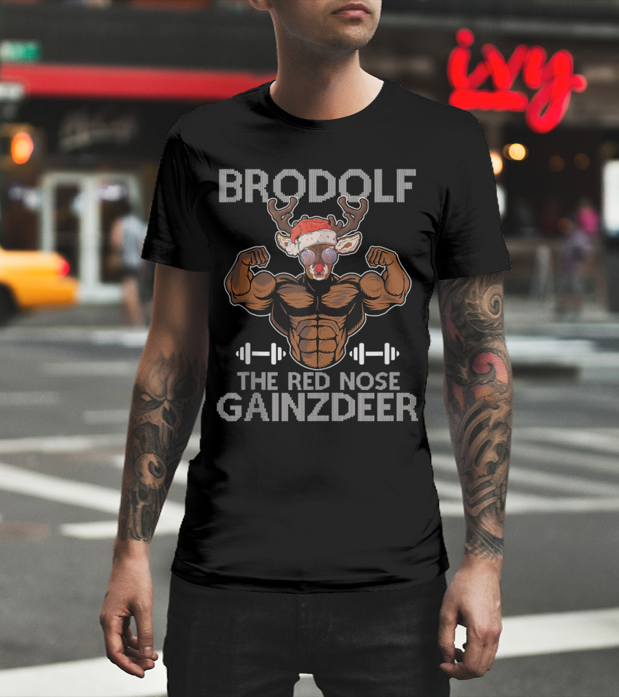 Brodolf The Red Nose Gainzdeer Merry Liftmas Muscle Reindeer Fitness Holiday T-Shirt