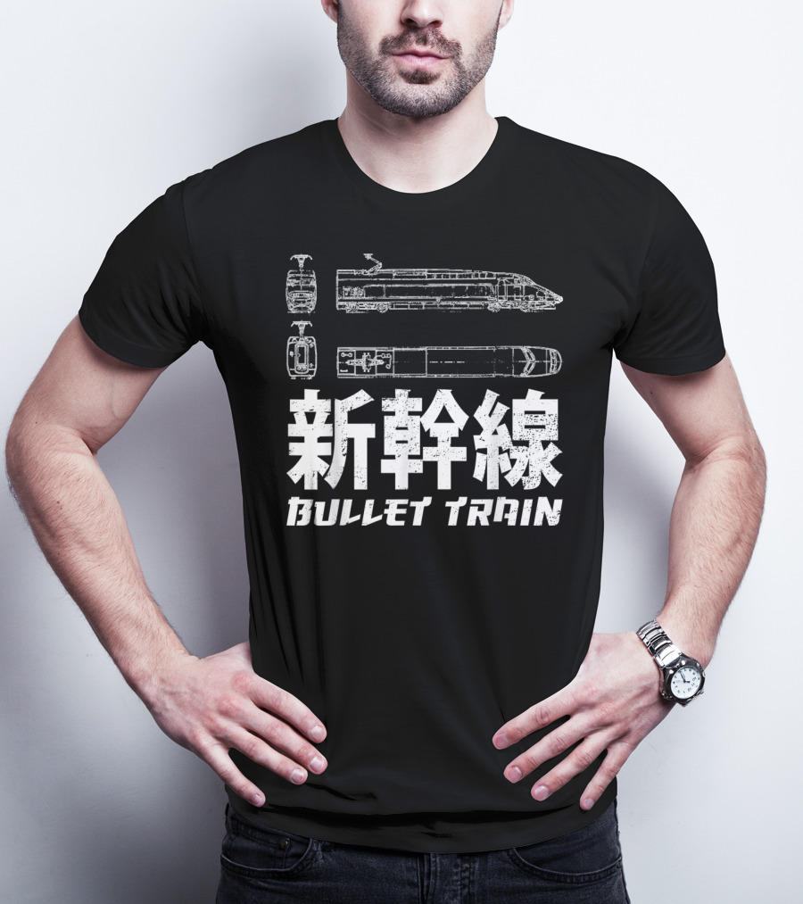 Shinkansen Bullet Train Blueprint Japanese Text T-Shirt