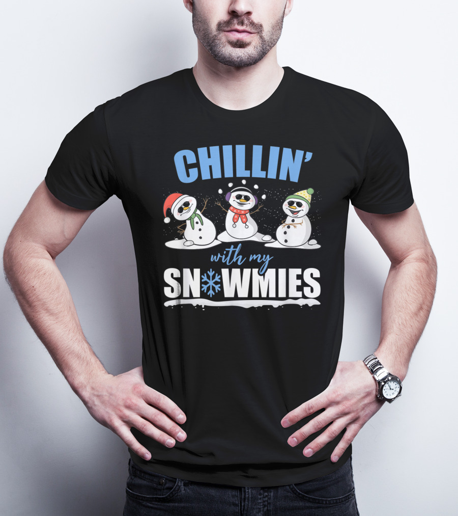 Chillin' With My Snowmies Christmas Snowman Trio In Santa Hats And Scarves T-Shirt