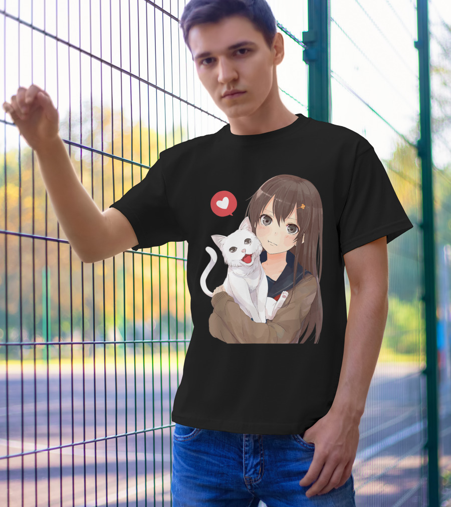 Cute Anime Girl With Adorable White Kitty Cat And Heart T-Shirt