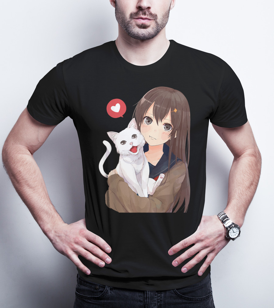 Cute Anime Girl With Adorable White Kitty Cat And Heart T-Shirt