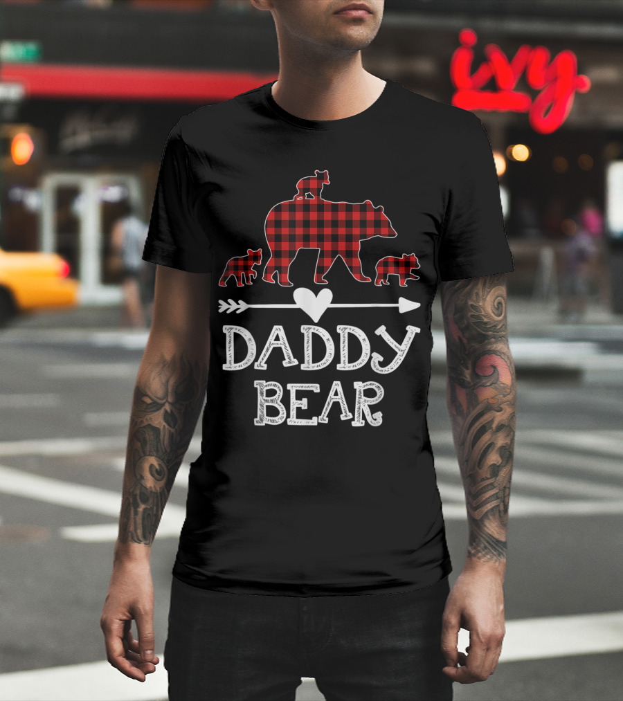 Daddy Bear Red Plaid Three Cubs Arrow Heart T-Shirt