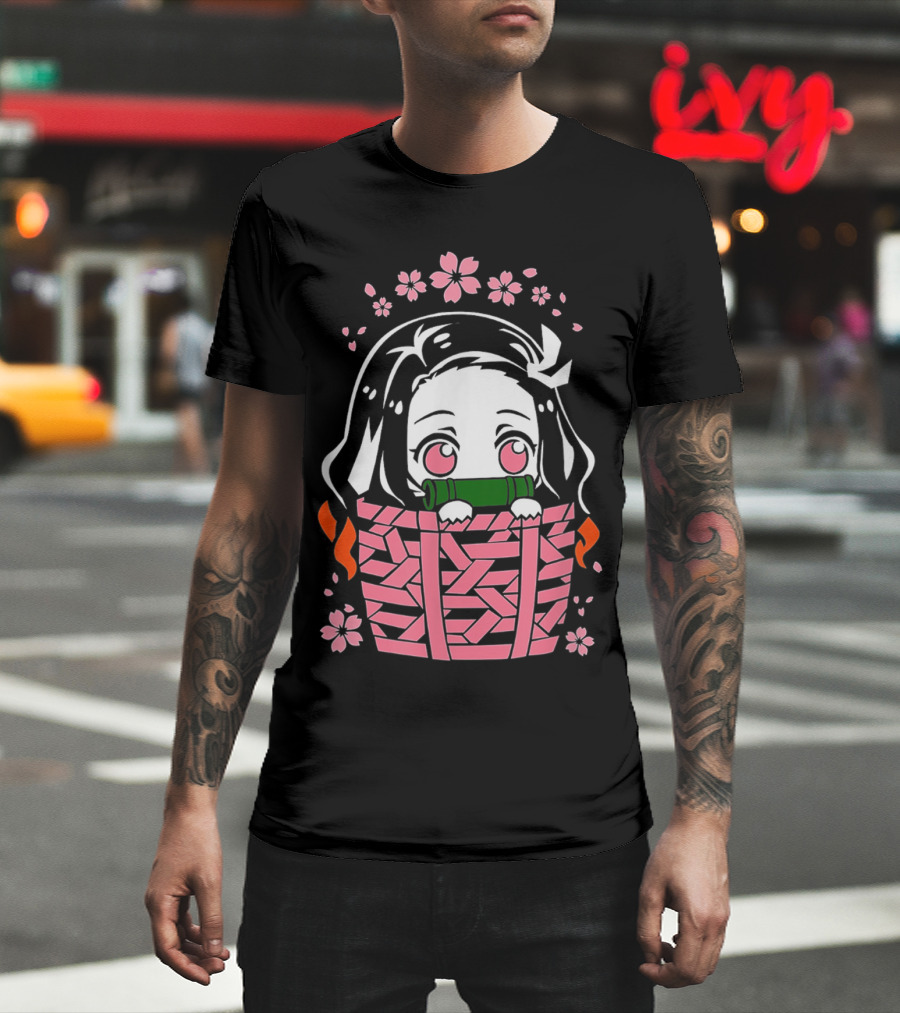 Nezuko Kamado Kawaii Chibi With Bamboo Mouthpiece And Cherry Blossoms Demon Slayer Anime T-Shirt
