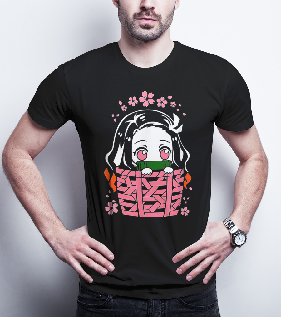 Nezuko Kamado Kawaii Chibi With Bamboo Mouthpiece And Cherry Blossoms Demon Slayer Anime T-Shirt