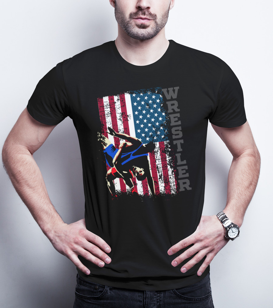 Wrestler Distressed American Flag Wrestling T-Shirt