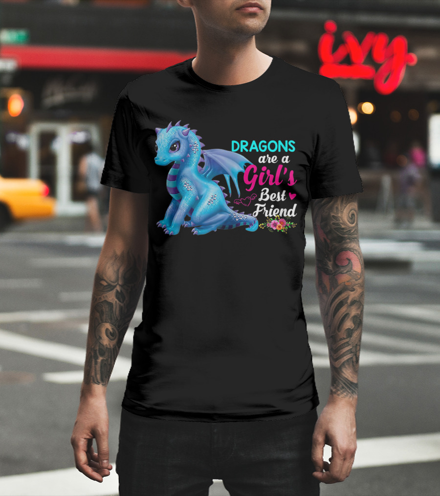 Dragons Are A Girl's Best Friend Cute Blue Dragon With Hearts And Flowers T-Shirt