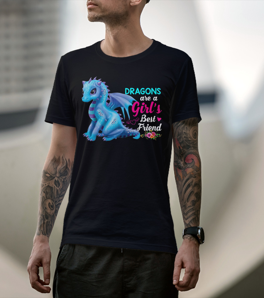 Dragons Are A Girl's Best Friend Cute Blue Dragon With Hearts And Flowers T-Shirt