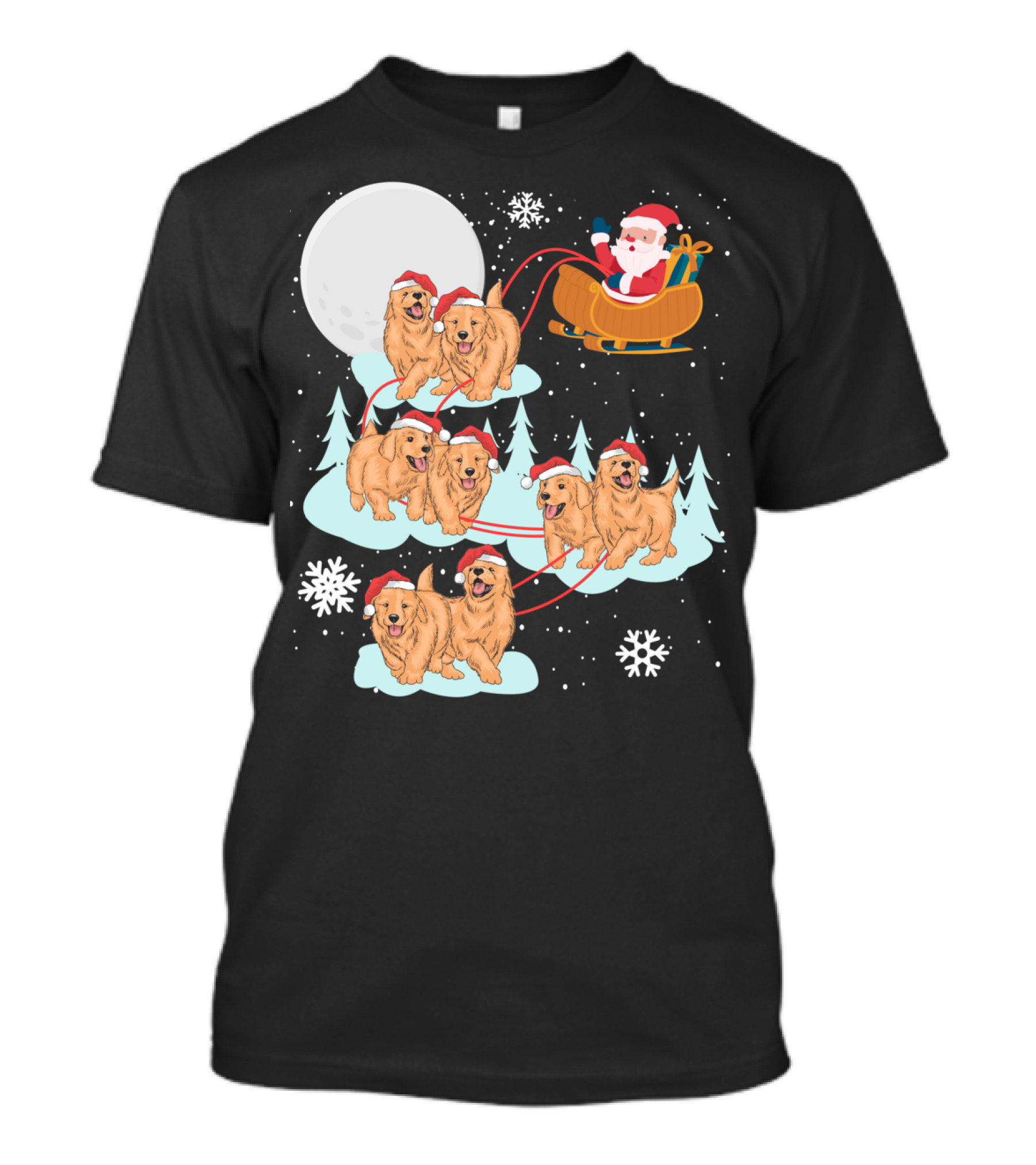 Funny Christmas Golden Retriever Santa Sleigh Holiday Scene T-Shirt