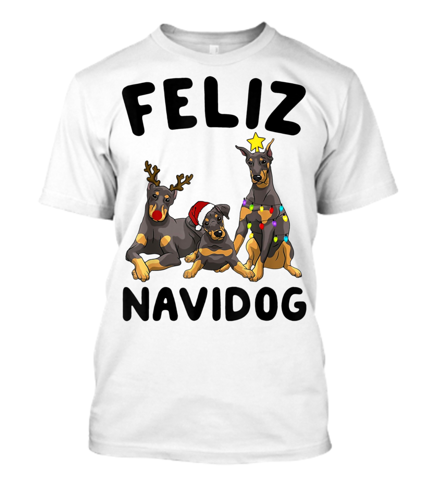 Feliz Navidog Doberman Pinscher With Reindeer Antlers Santa Hat And Christmas Lights T-Shirt