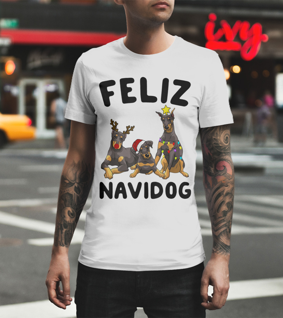 Feliz Navidog Doberman Pinscher With Reindeer Antlers Santa Hat And Christmas Lights T-Shirt
