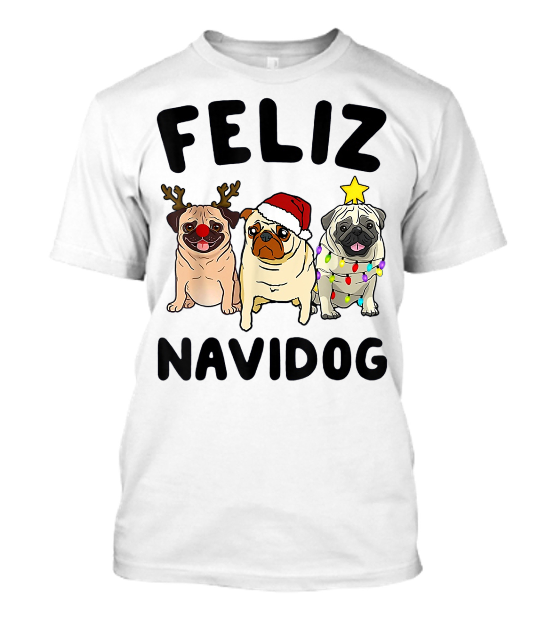 Feliz Navidog Pugs Christmas Antlers Santa Hat Lights T-Shirt