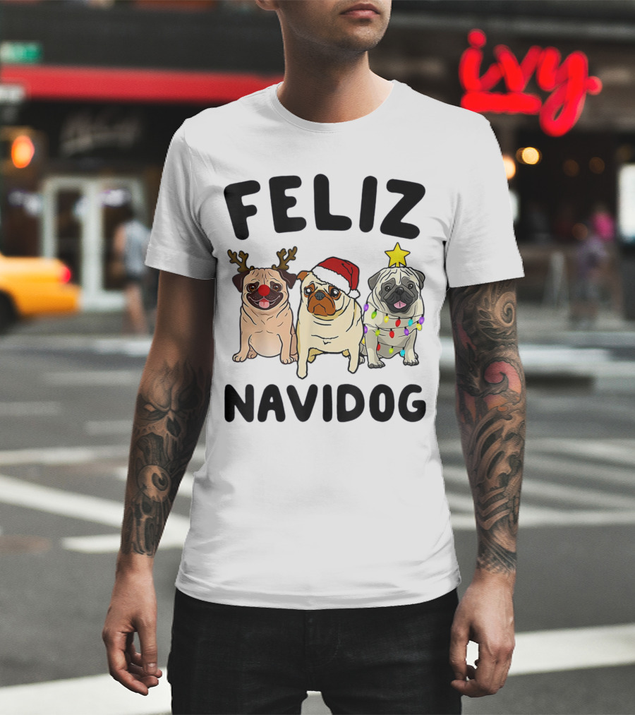 Feliz Navidog Pugs Christmas Antlers Santa Hat Lights T-Shirt