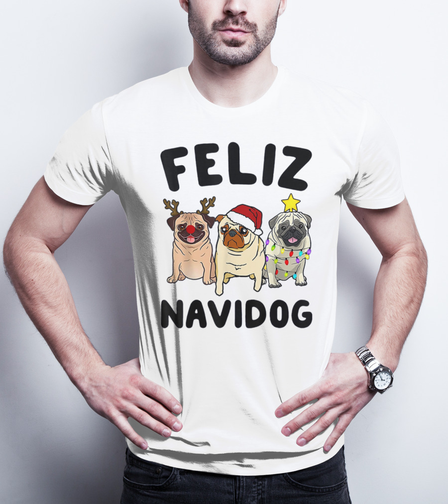 Feliz Navidog Pugs Christmas Antlers Santa Hat Lights T-Shirt