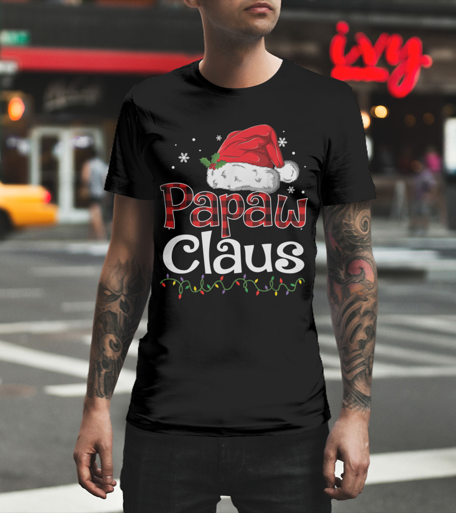 Papaw Claus Christmas Santa Hat Snowflakes Lights T-Shirt