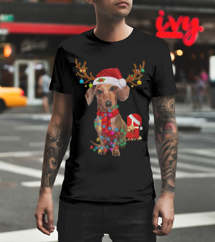 Santa Hat Dachshund With Reindeer Antlers And Christmas Lights T-Shirt