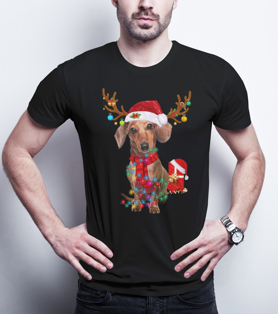 Santa Hat Dachshund With Reindeer Antlers And Christmas Lights T-Shirt