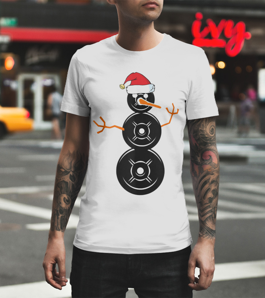 Funny Santa Hat Weightlifting Snowman Barbell T-Shirt