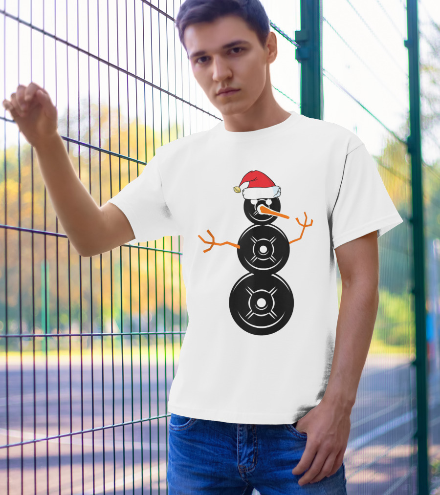 Funny Santa Hat Weightlifting Snowman Barbell T-Shirt