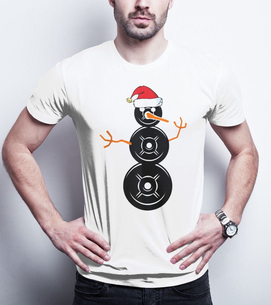 Funny Santa Hat Weightlifting Snowman Barbell T-Shirt