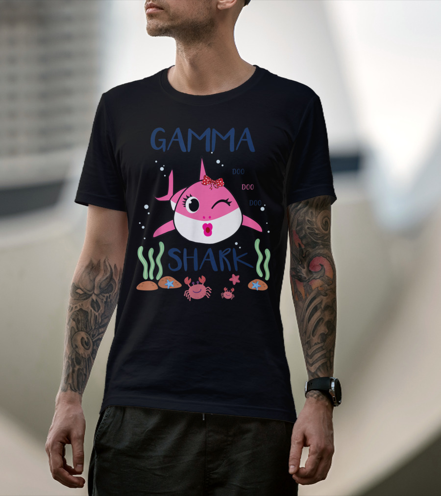 Gamma Shark Doo Doo Doo Winking Pink Shark With Bow And Marine Life T-Shirt
