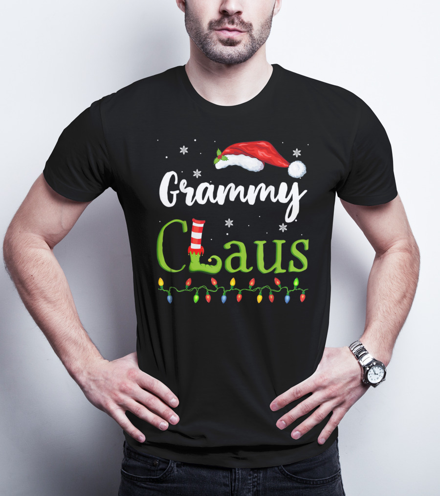 Grammy Claus Santa Grandma With Elf Shoe And Christmas Lights T-Shirt