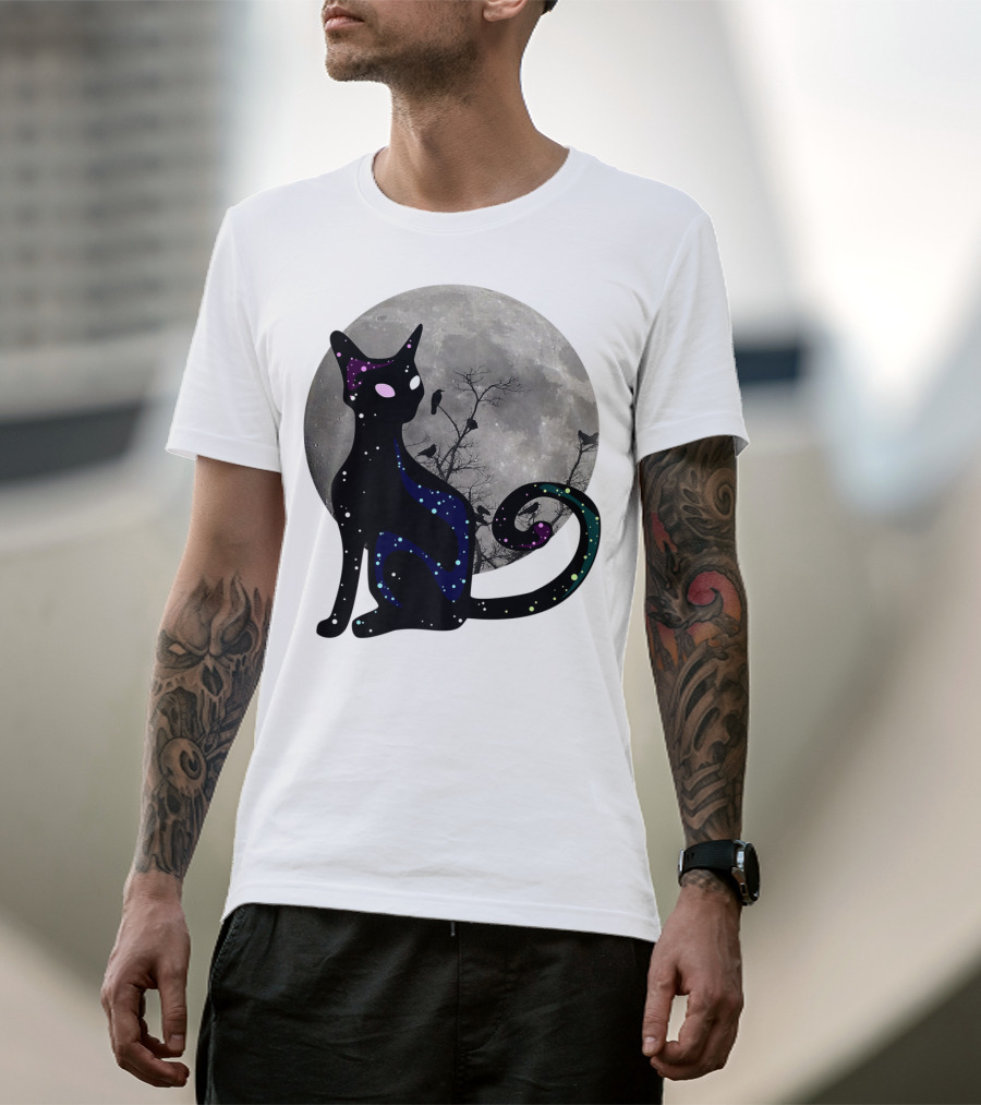 Halloween Scary Black Cat Gothic Full Moon Ravens T-Shirt