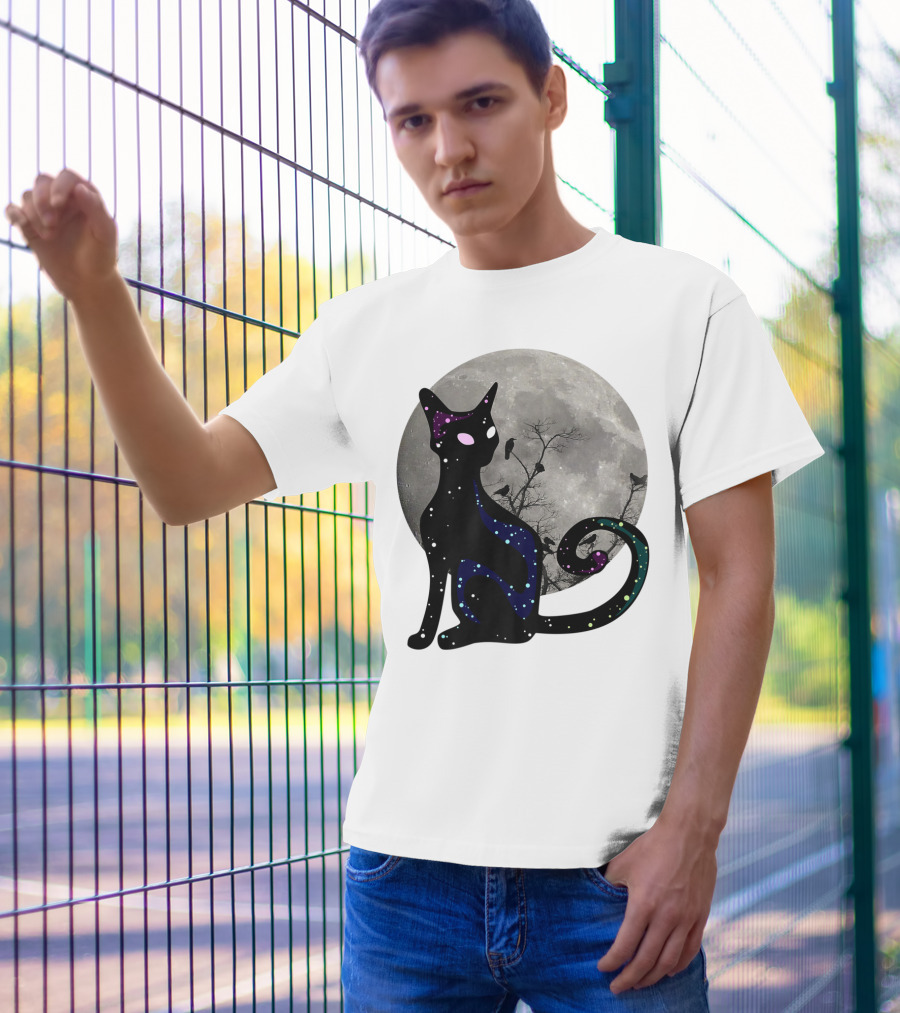 Halloween Scary Black Cat Gothic Full Moon Ravens T-Shirt