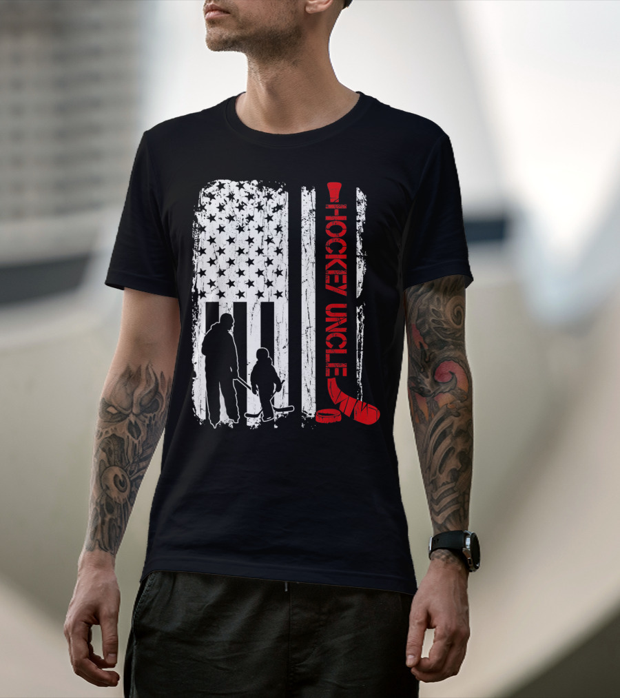Hockey Uncle American Flag Silhouette With Stick And Player T-Shirt