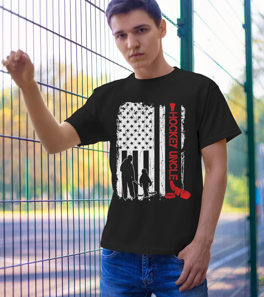 Hockey Uncle American Flag Silhouette With Stick And Player T-Shirt