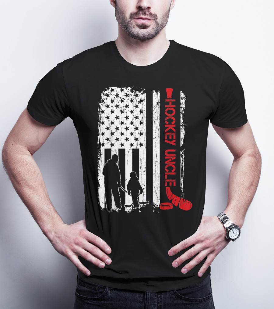 Hockey Uncle American Flag Silhouette With Stick And Player T-Shirt