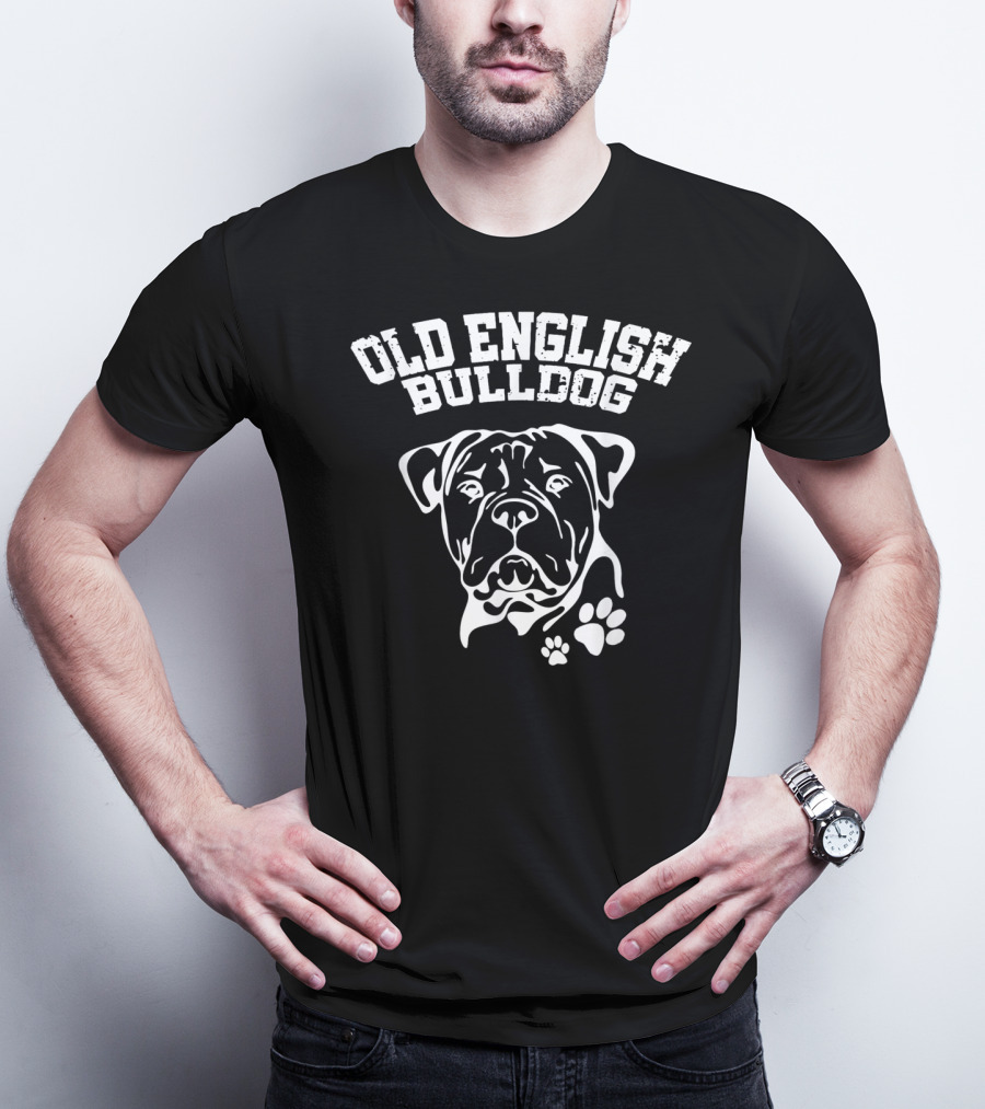 Old English Bulldog Illustration With Text And Paw Prints T-Shirt