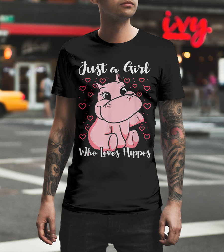 Just A Girl Who Loves Hippos Cute Animal Pink Hearts T-Shirt