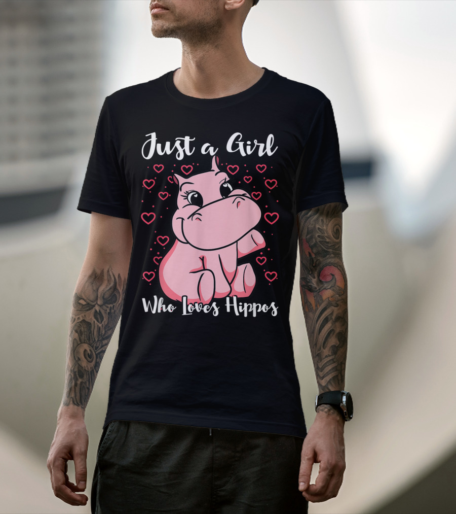 Just A Girl Who Loves Hippos Cute Animal Pink Hearts T-Shirt
