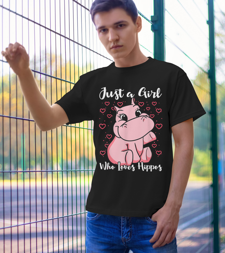 Just A Girl Who Loves Hippos Cute Animal Pink Hearts T-Shirt