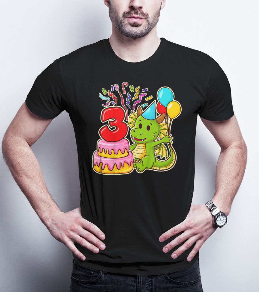 Kids 3rd Birthday Dragon Party Cake Balloons Confetti 3 Year Old T-Shirt