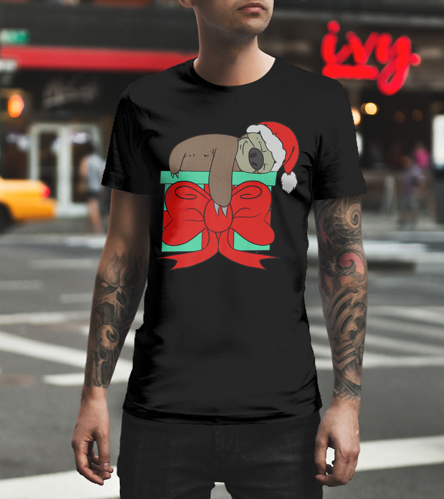 Lazy Christmas Sloth With Santa Hat And Gift Box Cute Funny Love It T-Shirt