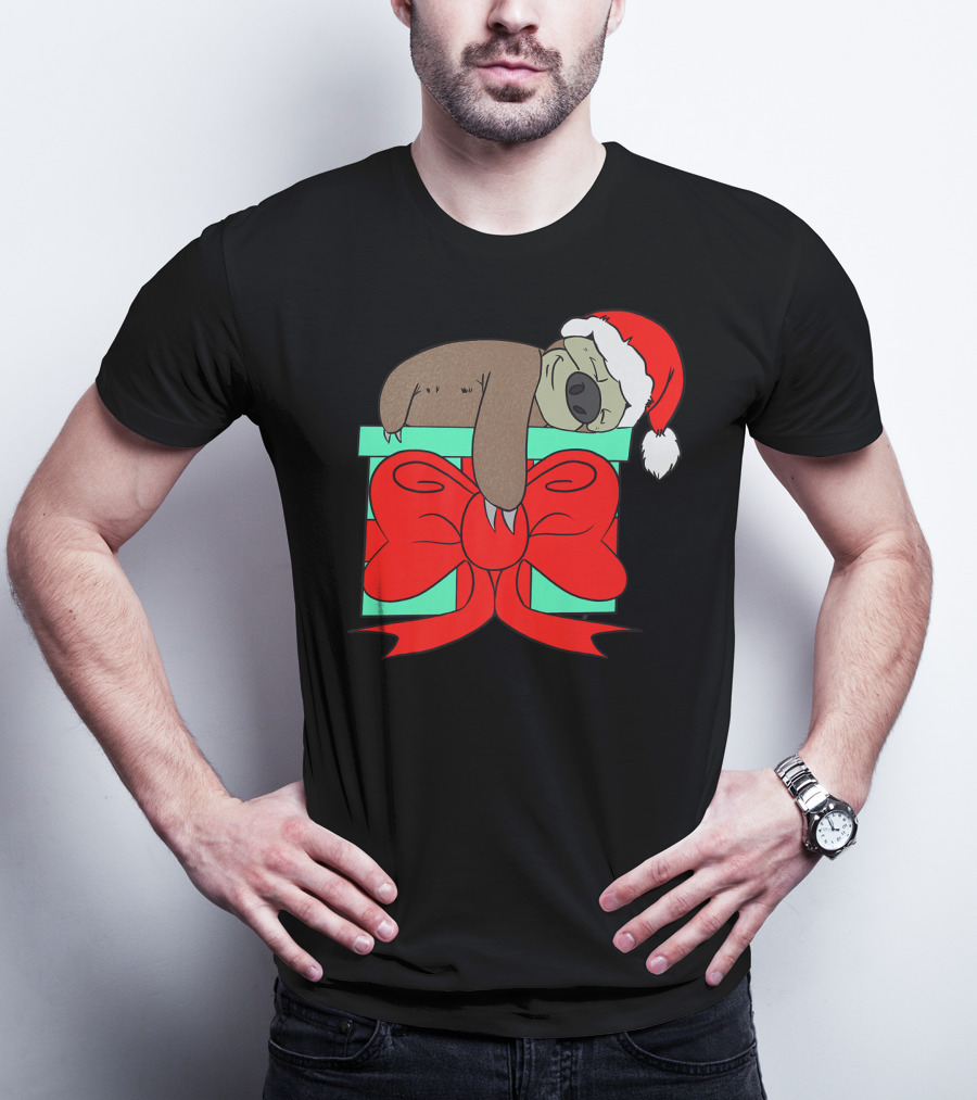 Lazy Christmas Sloth With Santa Hat And Gift Box Cute Funny Love It T-Shirt