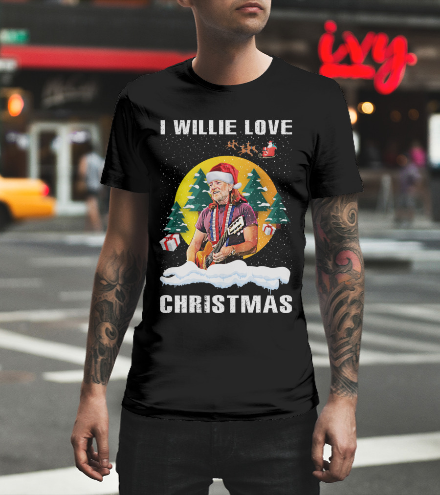 I Willie Love Christmas Santa Hat Guitar Snow Scene T-Shirt