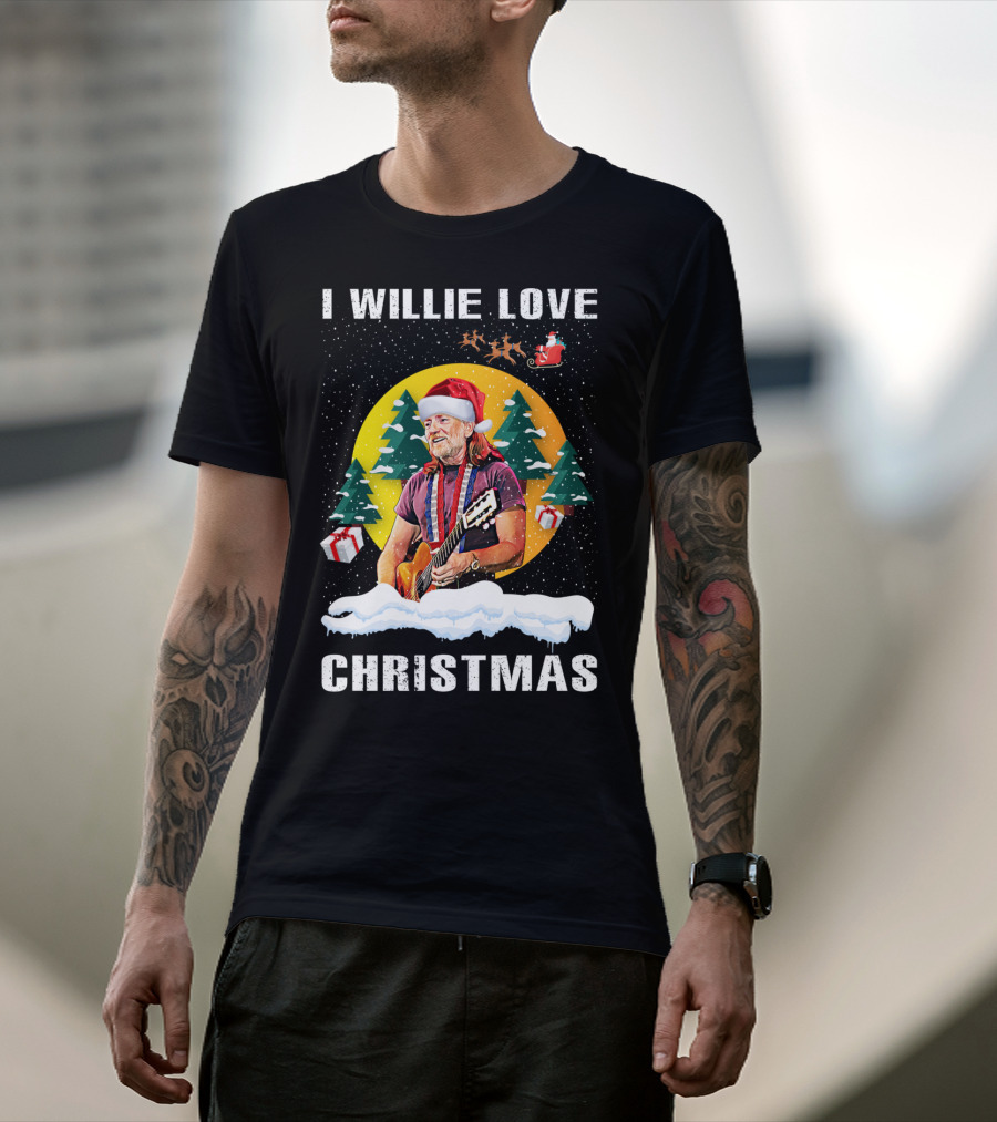 I Willie Love Christmas Santa Hat Guitar Snow Scene T-Shirt