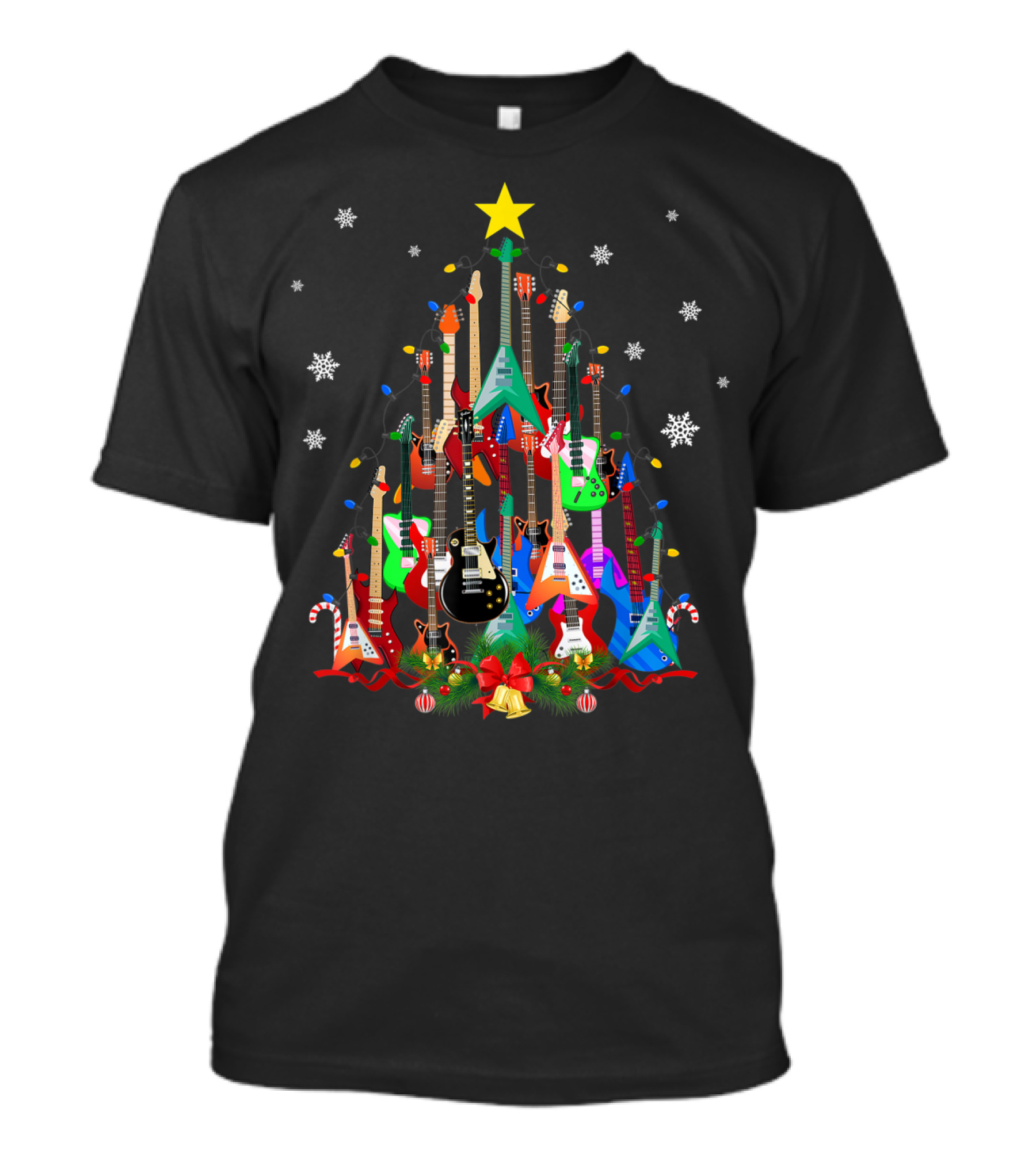 Mens Womens Guitar Christmas Tree Star Candy Canes Snowflakes Holiday Lights T-Shirt