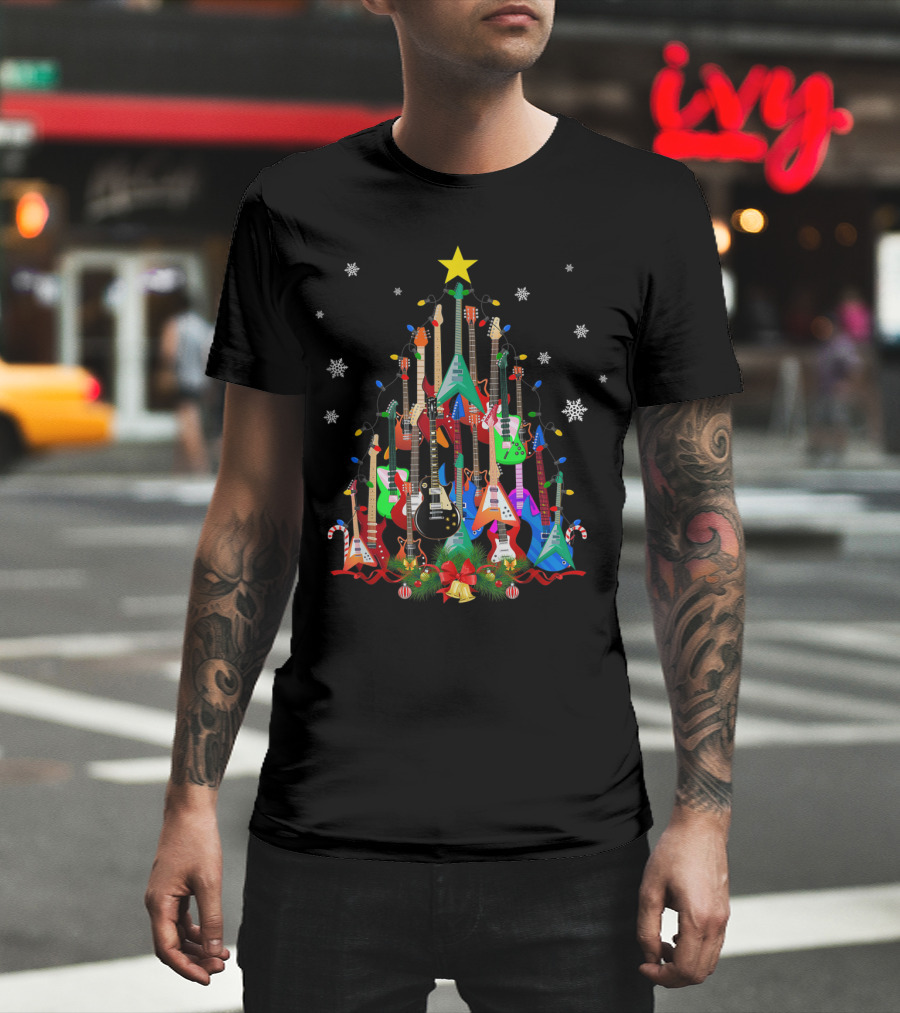 Mens Womens Guitar Christmas Tree Star Candy Canes Snowflakes Holiday Lights T-Shirt