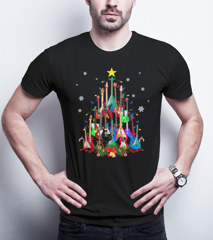 Mens Womens Guitar Christmas Tree Star Candy Canes Snowflakes Holiday Lights T-Shirt