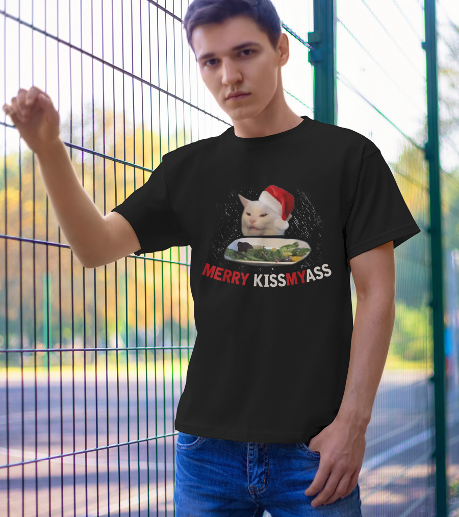 Merry Kissmyass Smudge Cat Funny Xmas Family Santa Hat T-Shirt