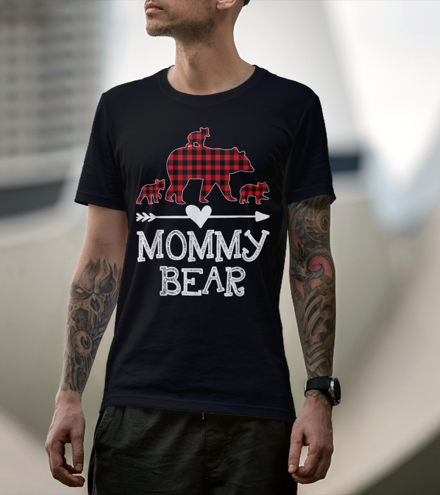 Mommy Bear Red Plaid Three Cubs Heart Arrow T-Shirt