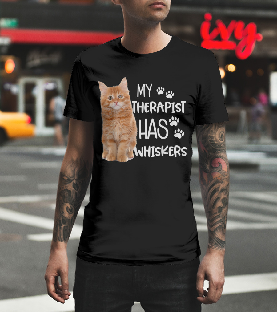 My Therapist Has Whiskers Funny Cat Lovers With Paw Prints And Orange Kitten T-Shirt