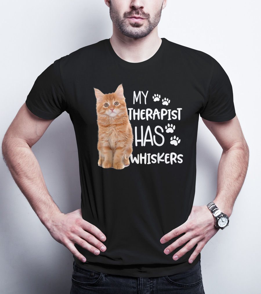 My Therapist Has Whiskers Funny Cat Lovers With Paw Prints And Orange Kitten T-Shirt