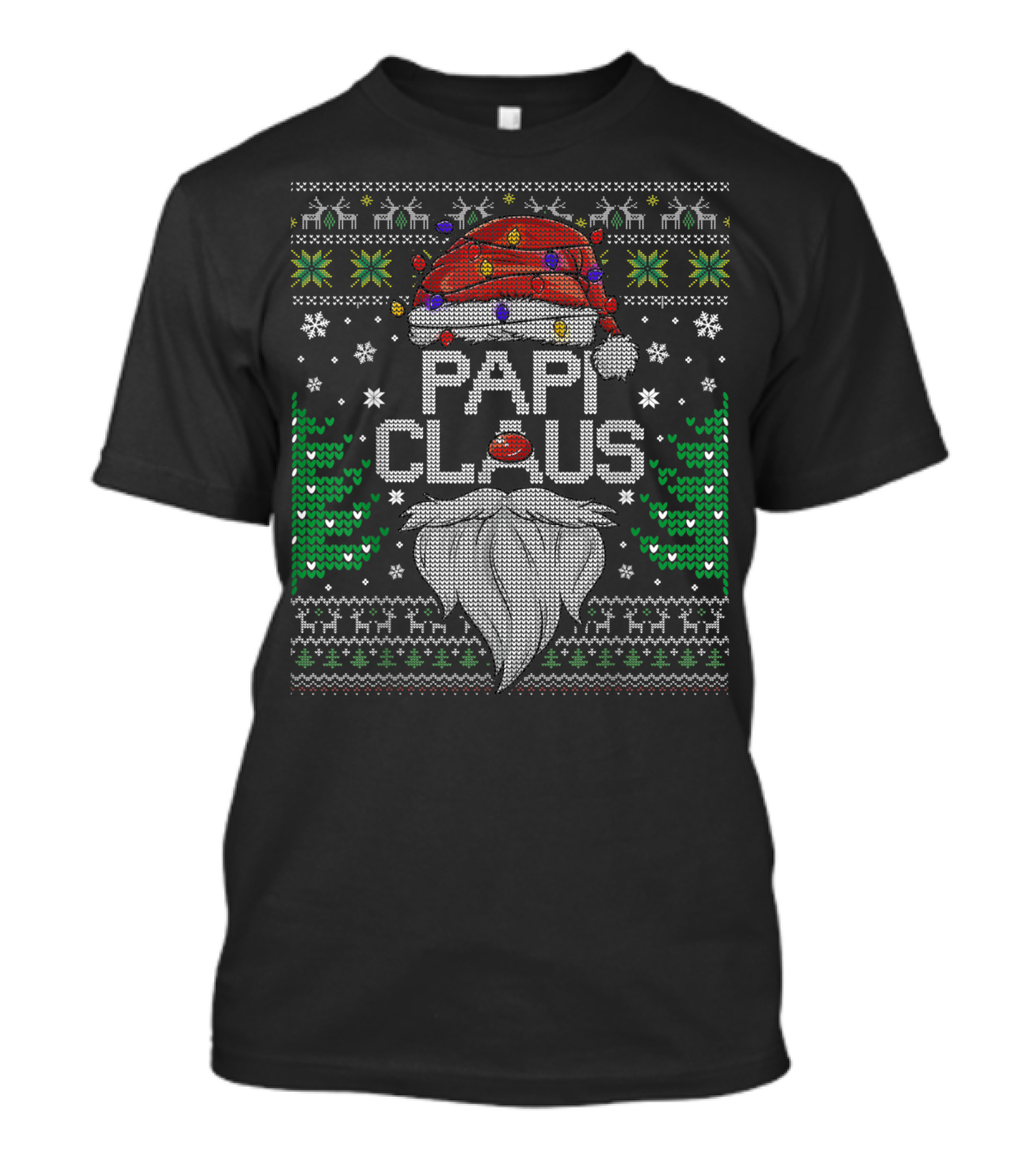 Papi Claus Santa Ugly Christmas Sweater Lights Beard Trees Snowflakes T-Shirt