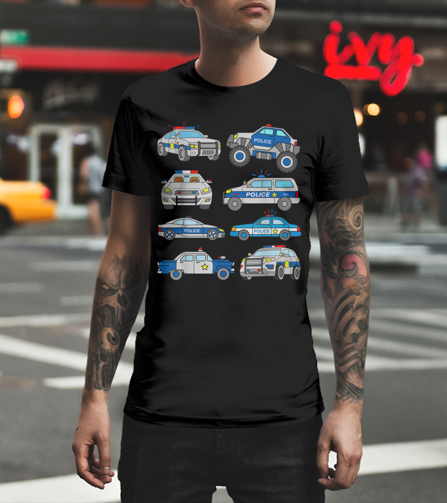 Police Vehicles Cop Cars Badge Lights Variety 911 T-Shirt