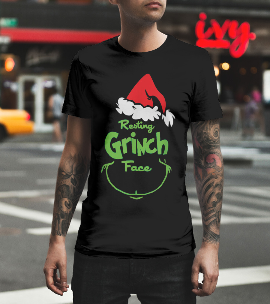 Resting Grinch Face Santa Hat Raglan Baseball T-Shirt